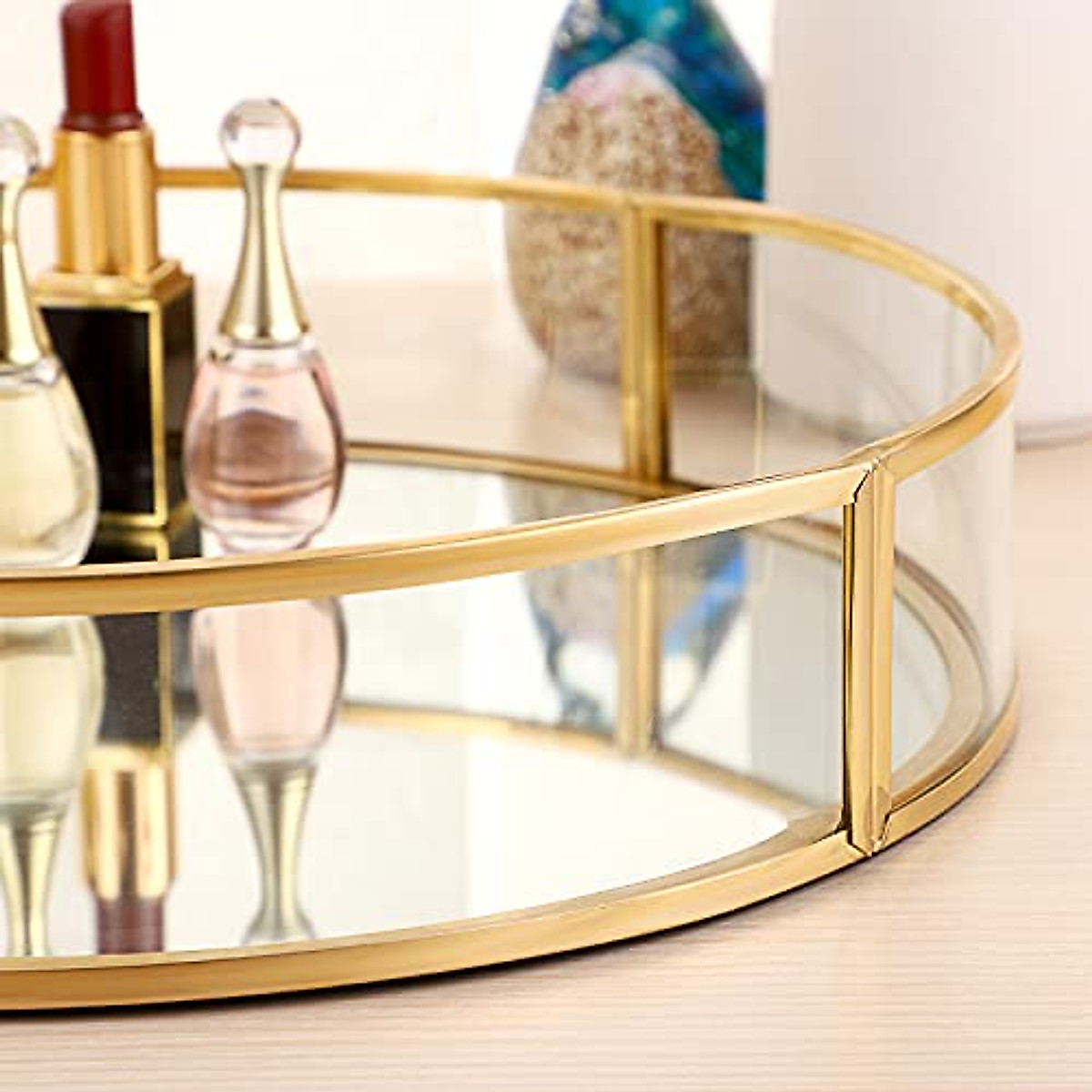 ELLDOO Gold Round Glass Tray, Mirror Jewelry Tray Perfume Tray Mirror Vanity Tray Dresser Tray Ornate Tray Metal Decorative Tray Perfume Organizer Makeup Tray for Vanity Dresser