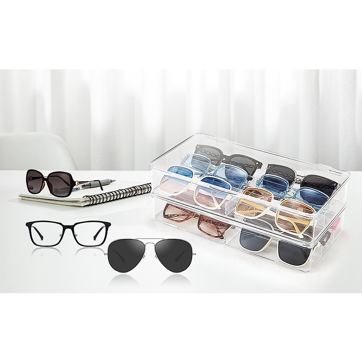 Yiktop Acrylic Eyeglass Organizer, Stackable Sunglasses Case Storage Organizer with Lid - 2 Pack