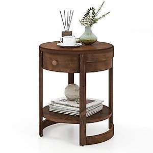 Giantex Round Side Table, 2-Tier Retro End Table with Drawer & Shelf, Wooden Accent Table with Antique Wood Grain Finish, Vintage Nightstand for Living Room Bedroom, Walnut