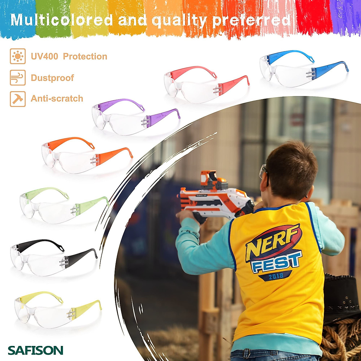 SAFISON 28 Pack Kids Safety Glasses, ANSI Z87.1 Child Size Protective Goggles in 7 Colors, Scratch and Impact Resistant Clear Lens Eyewear with Color Frame for Nerf Party/Science/School Projects