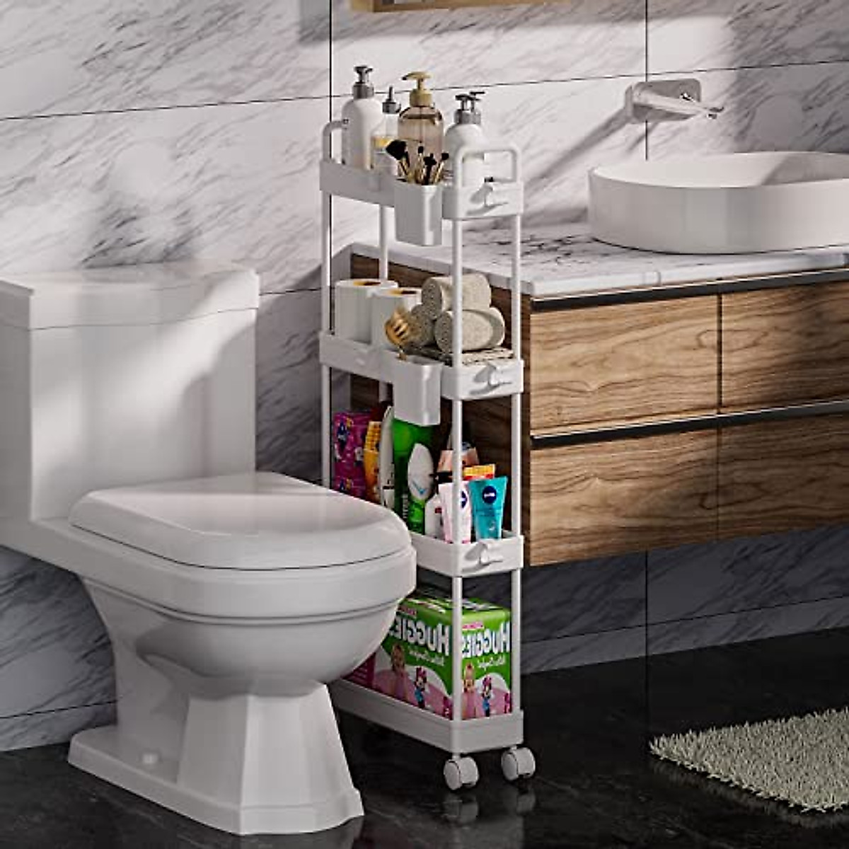 2 Pack 4 Tier Slim Storage Cart, Bathroom Organizer Laundry Room Organization Rolling Utility Cart with Wheels, Mobile Shelving Unit Slide Out Cart for Pantry Bathroom Kitchen Office Narrow Places