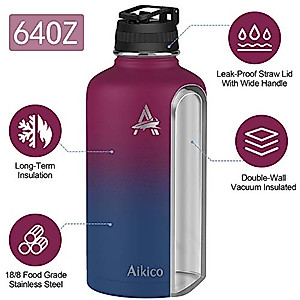 64oz Sports Water Bottle, Aikico Stainless Steel Water Bottle with Straw Lid, Double Vacuum Insulated Thermos Mug, Reusable Wide Mouth Flask Thermos for Hot and Cold Drinks(Rose)