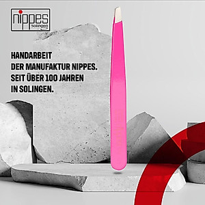 Nippes Stainless Steel Slant Pink Tweezers - Precision Pointed Slant - Quality Handmade in Solingen Germany - Professional Grade - Ergonomic Hand Grip - for Eyebrows, Eyelashes, Extensions [9.5 CM]