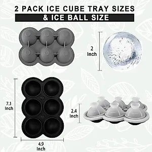 LiyuanQ Ice Cube Trays 2 Pack Large Silicon Ice Cubes Mold 2-Inch Ice Ball Maker Round Ice Mold with Funnel and Lid, Easy-Release, No Leakage, for Whiskey, Cocktail, Juice, Party (Black & Grey)