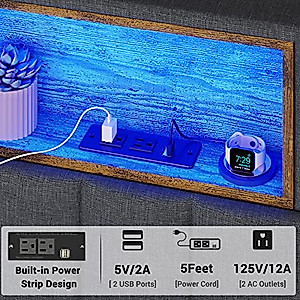 Tiptiper LED Lights Headboard, Platform Bed Frame Queen Size with Outlets and USB Ports, Upholstered Bed with Storage, No Box Spring Needed, Dark Grey