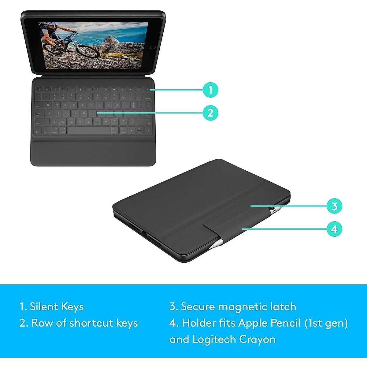 Logitech Rugged Folio - iPad (7th, 8th & 9th Generation) Protective Keyboard Case with Smart Connector, Kickstand, Durable Spill-Proof Keyboard Black 7.4 x 0.9 x 10.2(Renewed)