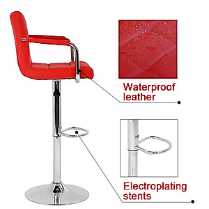 BestOffice Modern Bar Stool Set of 2 Barstools Armrest Height Adjustable Counter Stools Bar Chairs Swivel Bar Stool PU Leather Hydraulic Dining Room Chairs Home Kitchen Stools (Red)