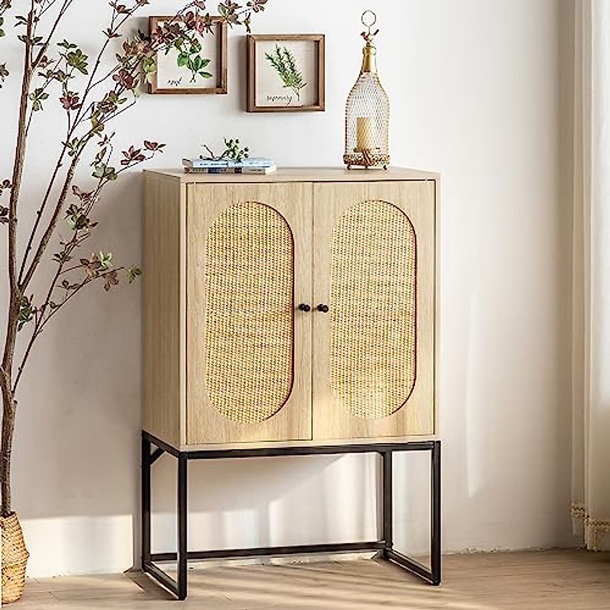 MATICO Rattan Pantry Storage Cabinet, 41.3"(H), Tall Pantry Locker, Kitchen Console Sideboard, Accent Buffet Cabinet, Display Bookcase with Rattan Door, Organizer Cupboard for Living Room, Burlywood