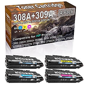 4-Pack (BK/C/Y/M) Compatible 3500 3500N 3500dn 3500dtn 3550 Color Toner Cartridge (High Capacity) Replacement for HP 308A 309A (Q2670A Q2671A Q2672A Q2673A) Printer Toner Cartridge