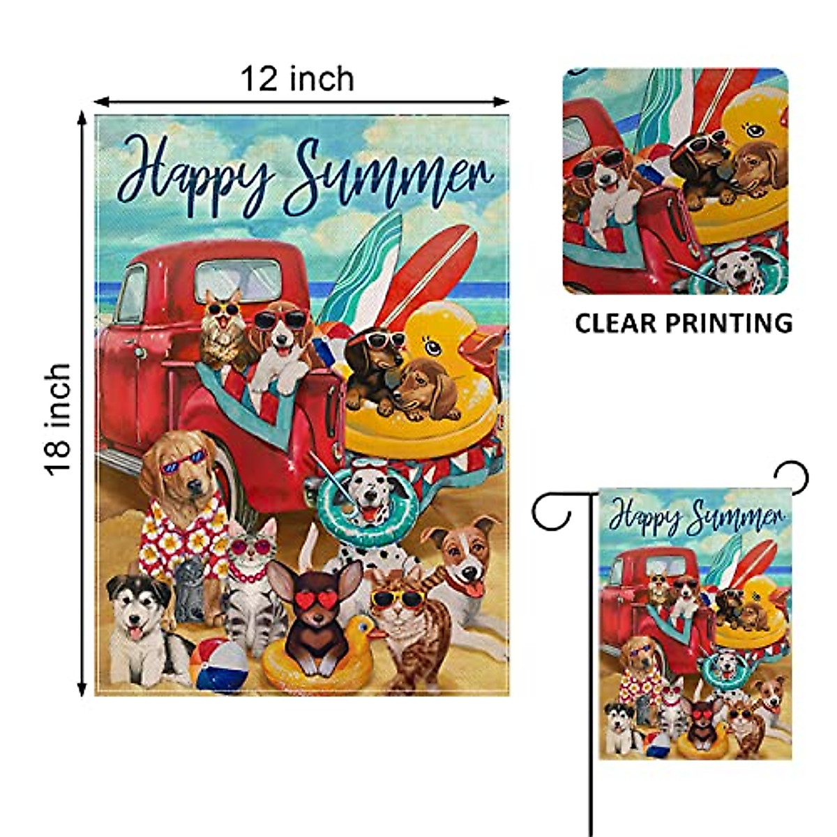 Covido Happy Summer Red Truck Coastal Decorative Garden Flag, Dogs Beach Yard Nautical Outside Decoration, Ocean Outdoor Small Burlap Home Decor Double Sided 12 x 18