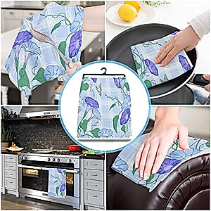 Garden Butterfly Morning Glory Vine Kitchen Cloth Dish Towel 18x28in Pack of 1,Super Soft Absorbent Tea Towels Hand Towel Flower on Blue Lattice Grid Cleaning Dish Cloths for Drying Dishes