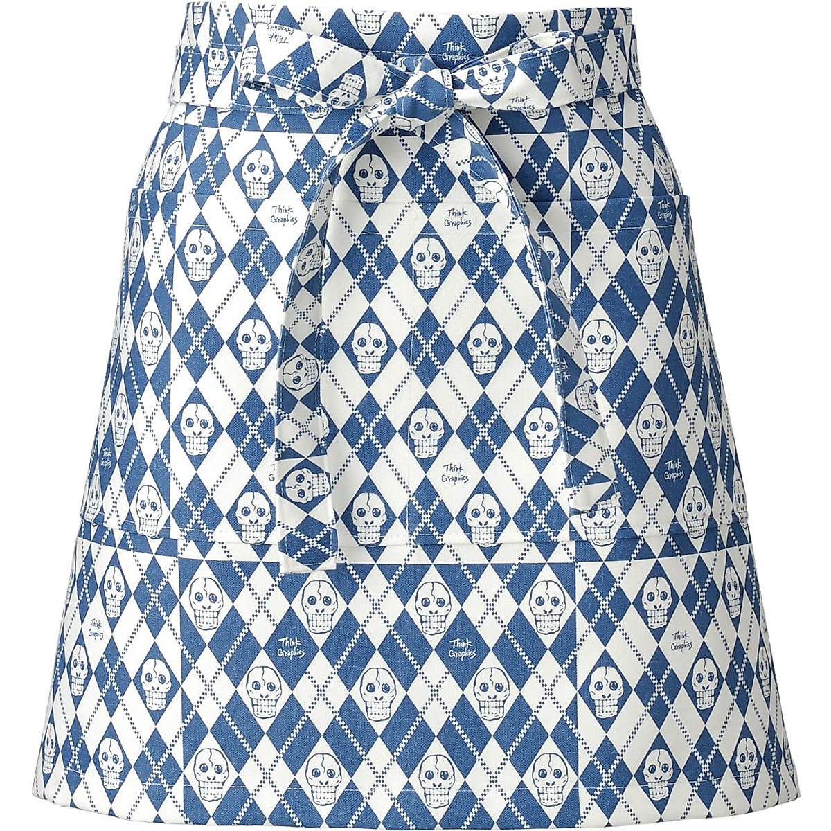 Shirayuki Waist Apron with four big pockets 100% cotton. Made in Japan. Kitchen Aprons, Server Aprons | Half Apron for Crafts, Restaurant, Shop Work Apron, Art Smock, Garden (Happy Skull, Blue)