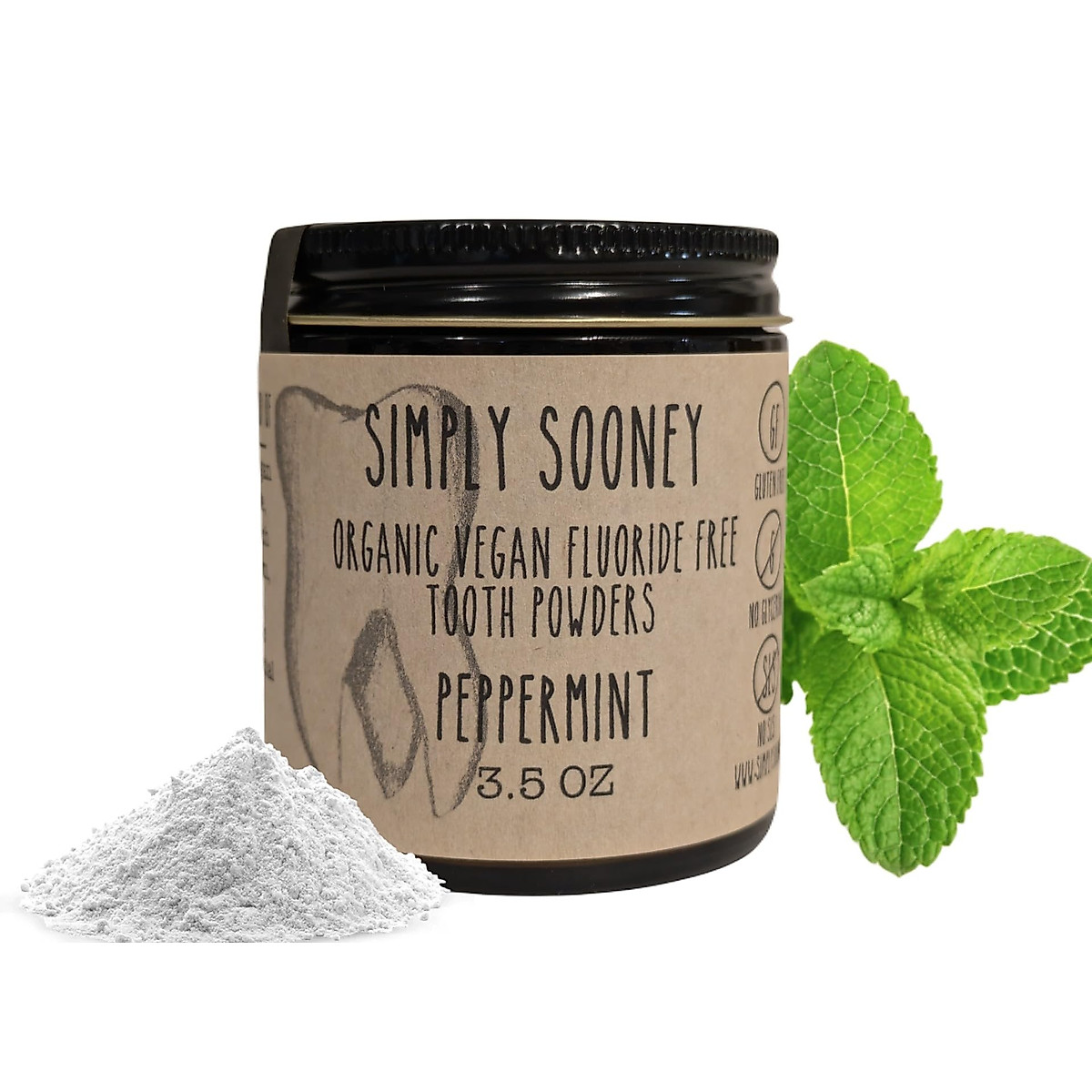 Simply Sooney Remineralizing Vegan Fluoride Free Tooth Powder Peppermint Formula I Glass Jar I Stronger Teeth I Fresh Breath I with Xylitol I Organic Ingredients