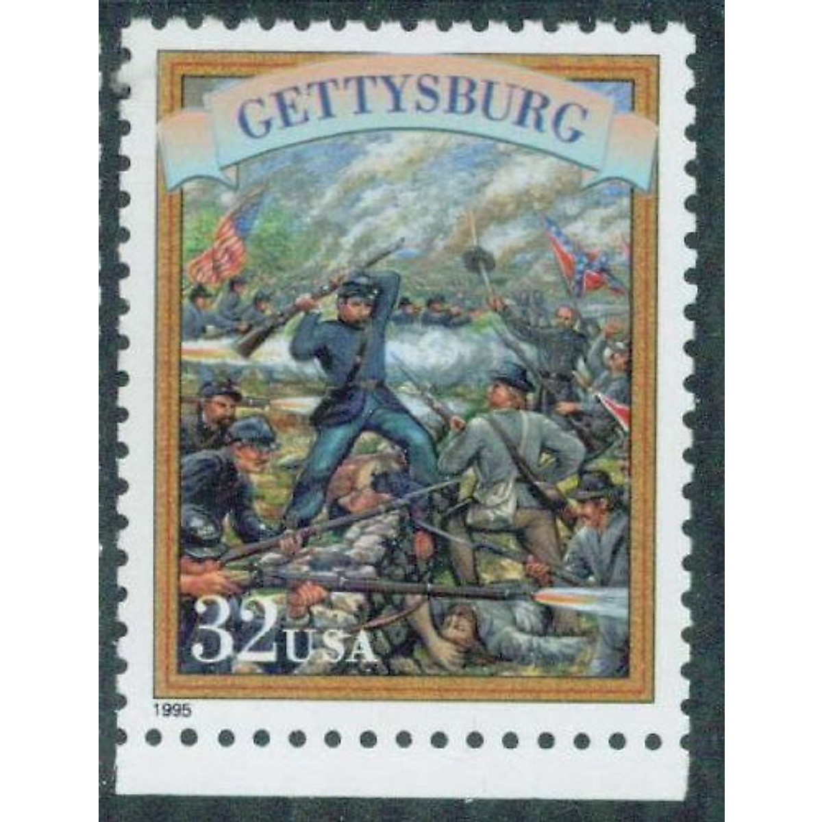 Civil War Battle of Gettysburg Painting on Mint, Never-hinged US Postage Stamp