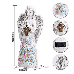 Voveexy Angel Garden Figurine Outdoor Garden Statue, Solar Garden Sculpture with 7 LEDs Welcome Sign Resin Praying Angel Art Garden Decor for Patio Lawn Yard Porch Decoration, Housewarming Garden Gift