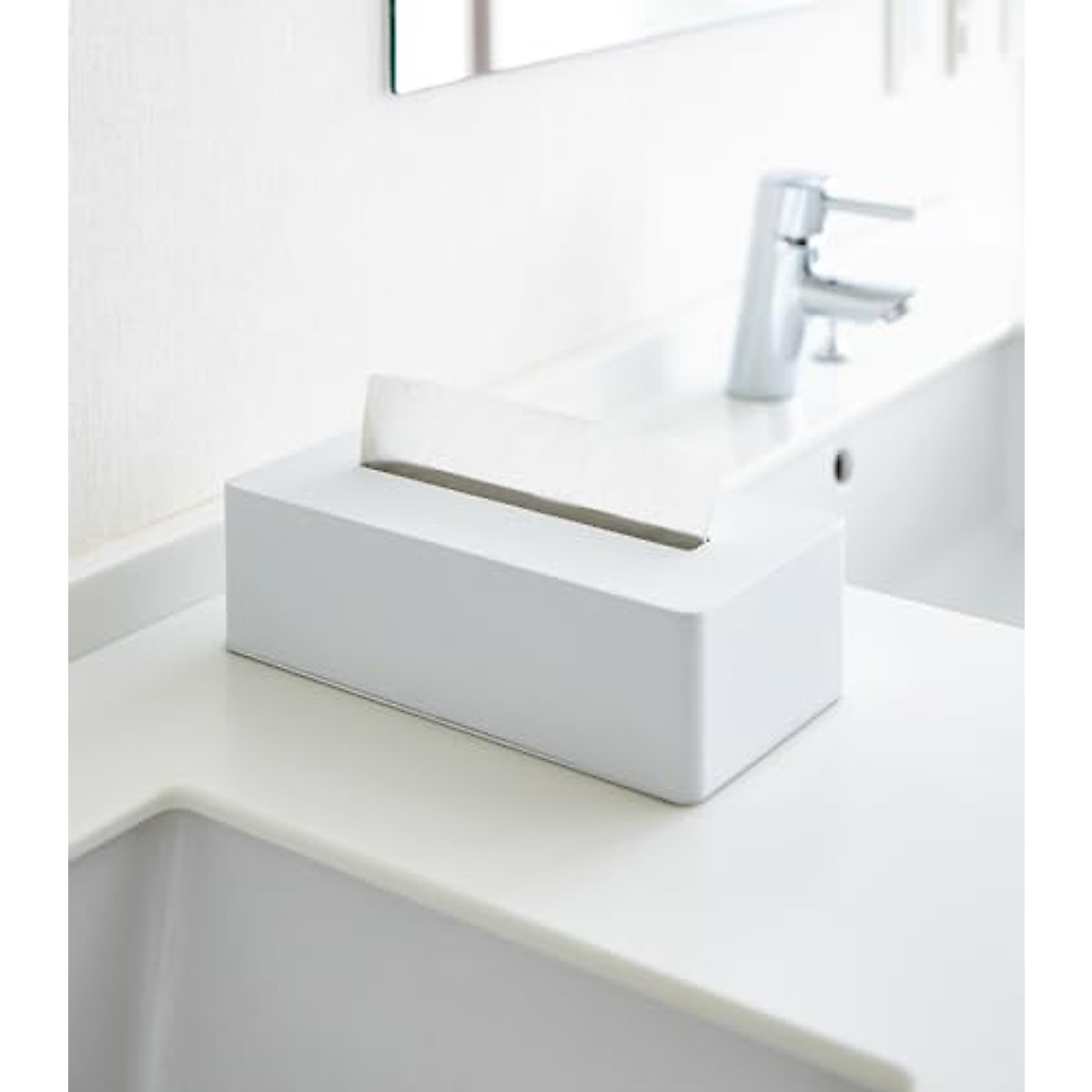 Yamazaki Home Rectangular Reusable Tissue Box Holder Cover Metal Container Case for Kitchen Bathroom or Bedroom Steel One Size White