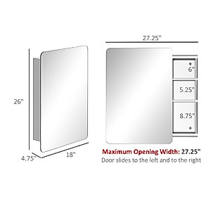 kleankin 18'' x 26''/46cm x 66cm Wall Mount Bathroom Medicine Cabinet Mirror Sliding Door with 3-Tier Storage Shelf, Stainless Steel, for Living Room Bedroom Office