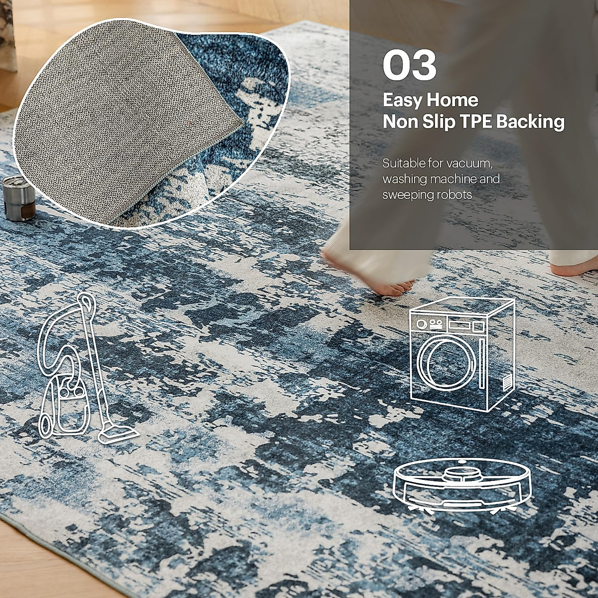 OMERAI Rug 5x7 Area Rug for Bedroom Washable Rug for Living Room Kitchen Dining Room Rugs Non-slip Home Decor Carpet Faux Wool Rug Large Morden Art Ultra Soft Blue Area Rug-Modern