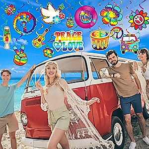 60's Hippie Theme Party Foil Swirl Decorations, 60s Groovy Party Retro Flower Cutouts Peace Sign Hanging Swirls Ceiling Decorations for 60s Hippie Theme Groovy Party Supplies, 30 Count (Novel)