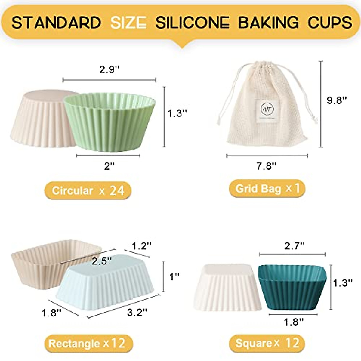 48 Pack Silicone Cupcake Liners, 3 Shapes of Standard Round & Square & Rectangle - Reusable Non-Stick Muffin Cups for Baking, Multicolor Bento Lunch Box Dividers - Non-Toxic, BPA Free, Dishwasher Safe