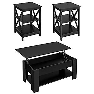 Yaheetech Modern Living Room 3 Pieces Table Sets, Lift Top Coffee Table and End Table Sets for Home and Office, Easy Assembly Accent Furniture with Hidden Compartment and Open Storage Shelf, Black