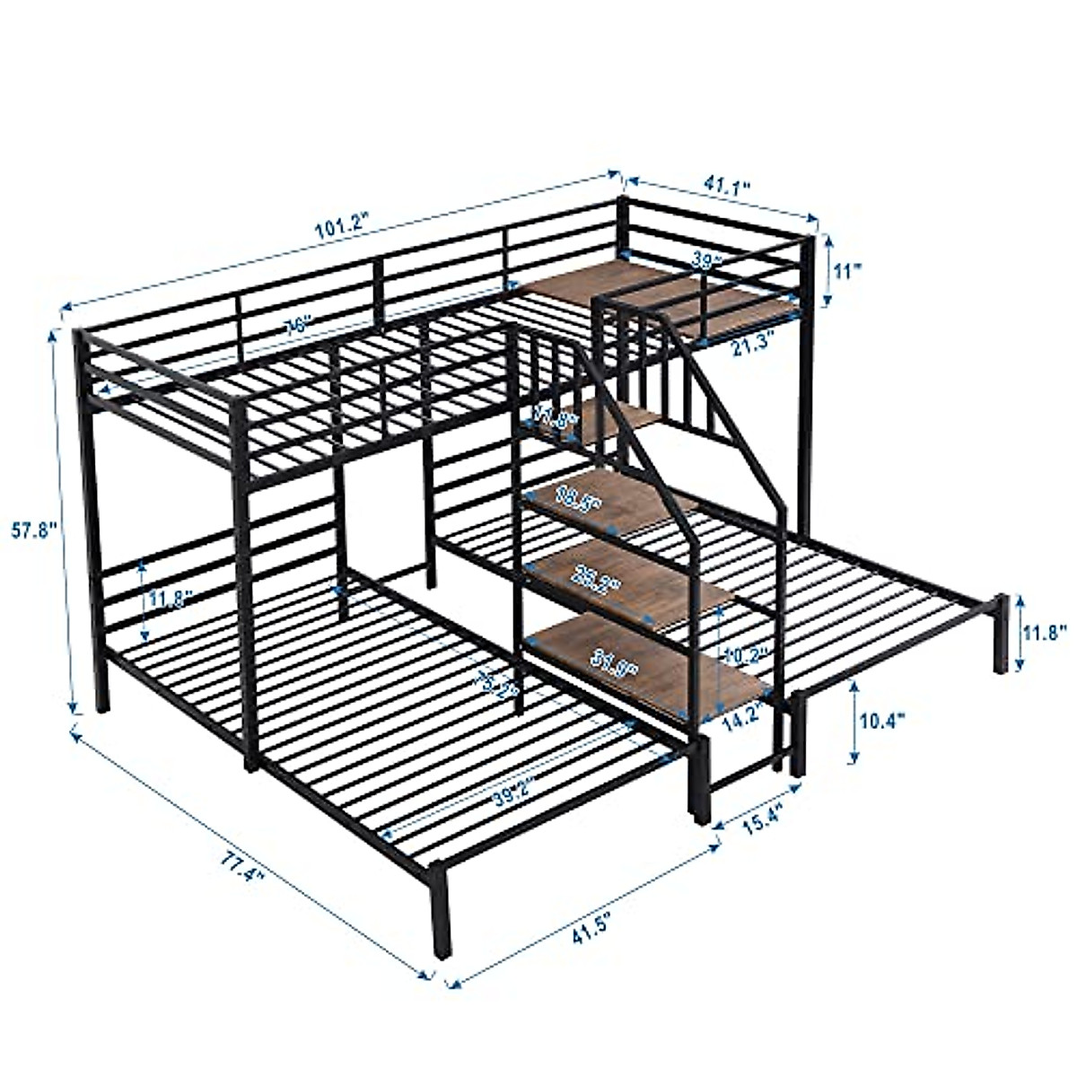 VilroCaz Modern Twin Over Twin & Twin Bunk Bed with Storage Shelves Staircase, Heavy Duty Metal Triple Bunk Bed Frame with Safety Guardrail for Kids Teens Adults, Multiple Storage Space (Black-6)