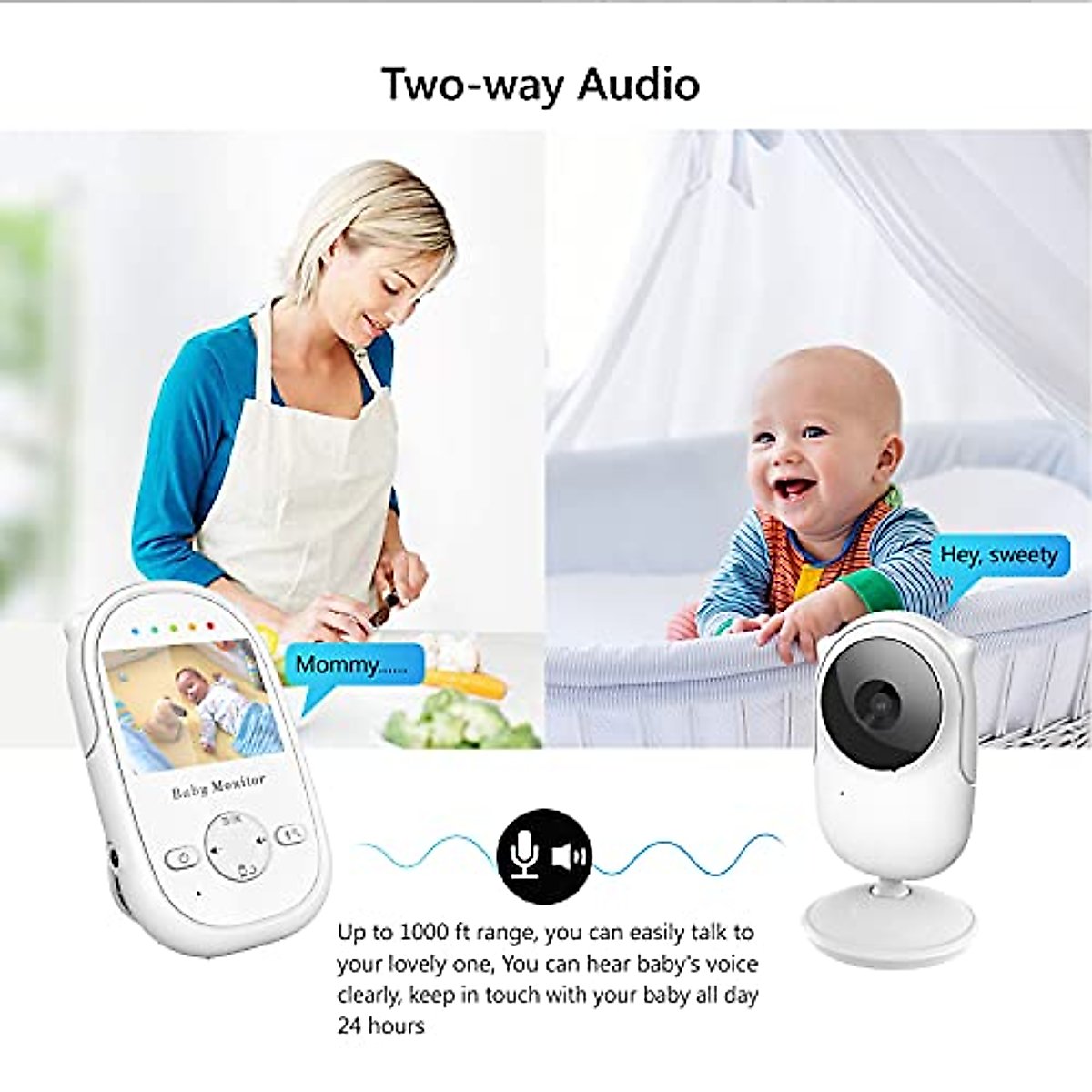 Newbaby Video Baby Monitor with Digital Color Camera, Wireless View Video, Two-Way Talk, Lullabies, Infrared Night Vision, Temperature Monitoring, Feeding Alarm (WhiteSM25) SM25