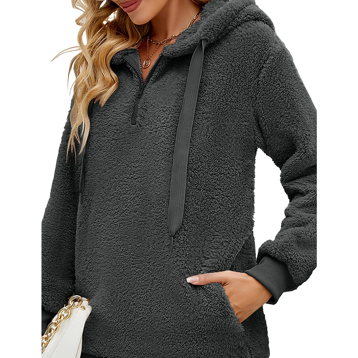Yanekop Womens Hoodies Sherpa Pullover Sweater Fuzzy Fleece Sweatshirt Oversized Hoodie Cozy Outerwear with Pockets(A Dark Gray,S)