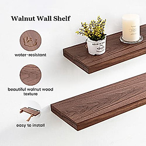 Walnut Floating Shelves, 8'' Deep Shelves Wall Mounted, 24 Inch Long Rustic Wood Floating Shelves for Wall Storage & Decor, Wide Wooden Shelves for Bedroom, Living Room, Kitchen, Set of 2