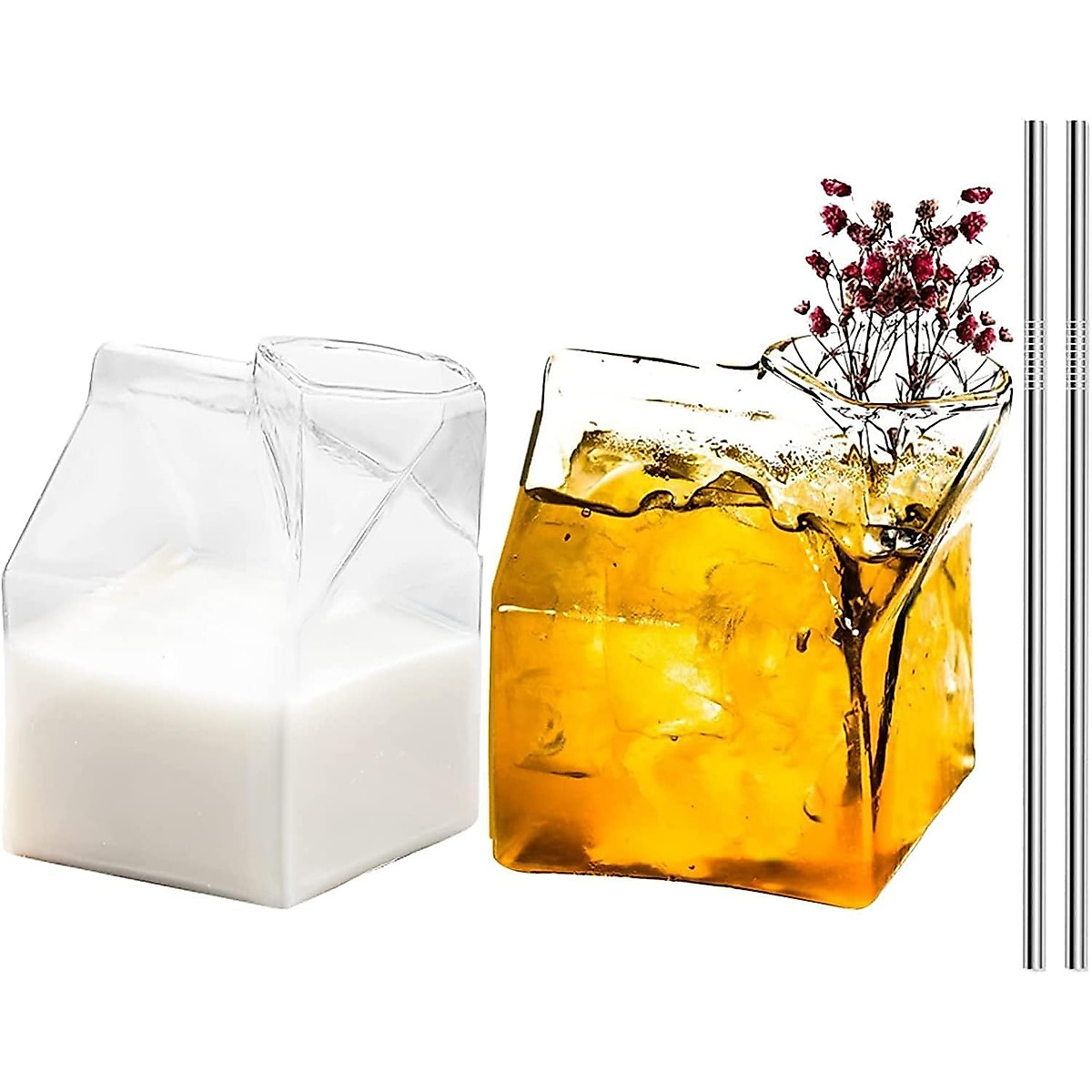 Cocktail Glasses 12oz/360ml Set of 2 Glass Milk Carton Box Creamers Lead-Free Martini Glass Mixing Cups Mini House-shaped Square Container Pitcher for Cocktails Milk Coffee Juice Whiskey Gift