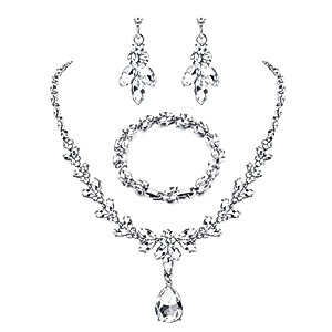 FIBO STEEL Wedding Jewelry for Bride Bridesmaid Crystal Rhinestone Teardrop Earrings Necklace Bracelets Jewelry Set for Women Party Wedding Prom Jewelry Adjustable B