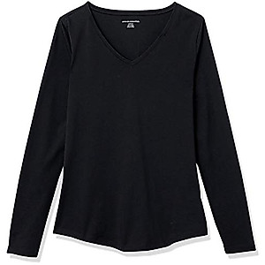 Amazon Essentials Women's Classic-Fit 100% Cotton Long-Sleeve V-Neck T-Shirt, Black, Large