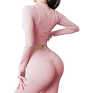 MAYROUND Women 2 Pieces Yoga Workout Outfit Ribbed Seamless Leggings and Long Sleeve Crop Top Set Exercise Clothes