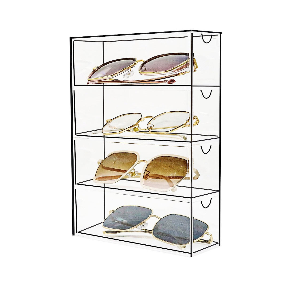 Fordonral Clear Plastic Sunglass Organizer, Transparent Glasses Holder 4 Storage Drawers, Sunglass Case Glasses Display Stand, Acrylic Organizers for Organizing Eyeglass, Hair Ties, Accessories