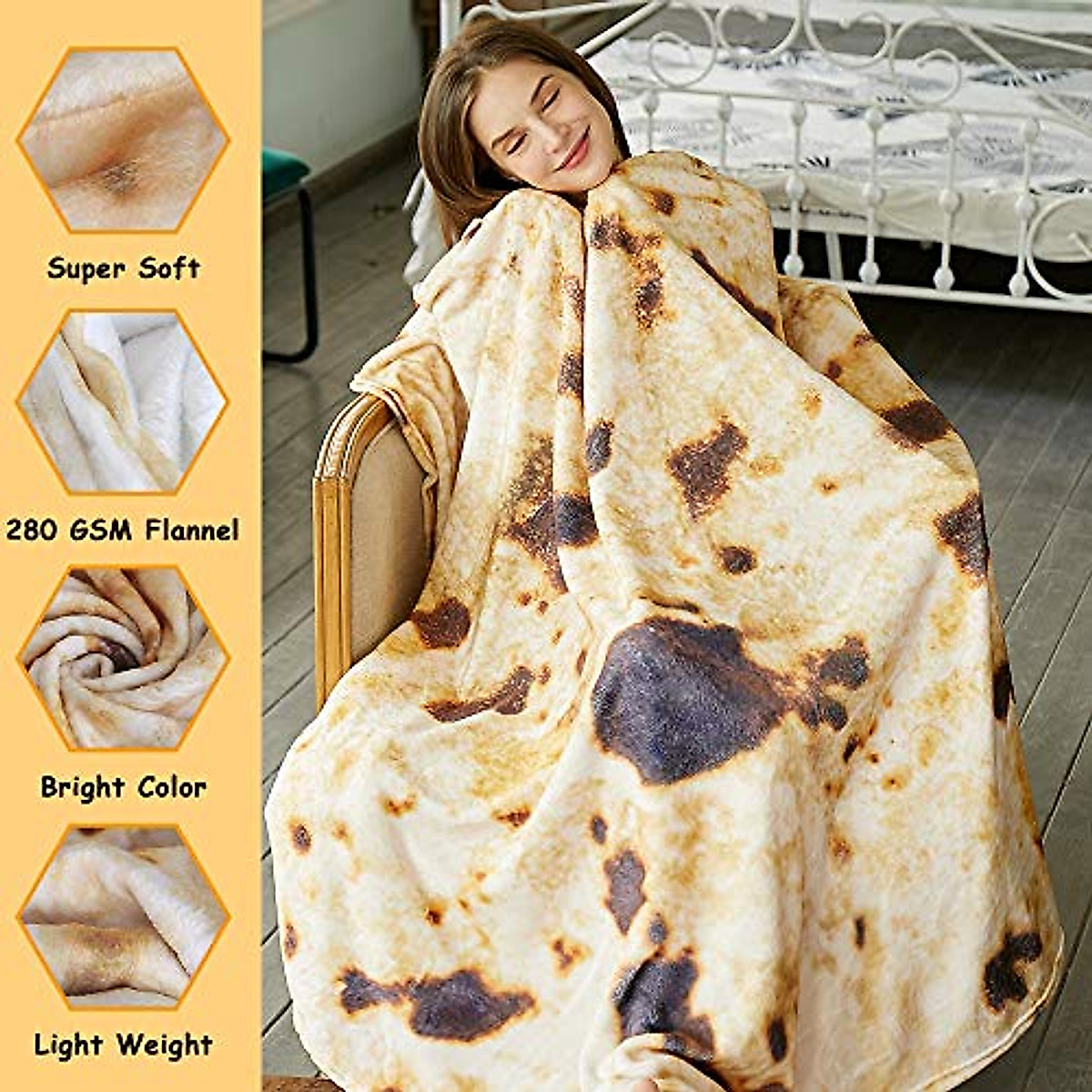 SeaRoomy Burritos Tortilla Throw Blanket, Tortilla Wrap Blanket, Novelty Funny Tortilla Round Blanket Giant Tortilla Round Soft Blanket for Kids (Brown, 47 inches)