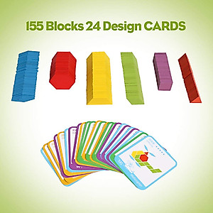 Wooden Pattern Blocks Set 155 Pcs Geometric Shape Puzzle Kindergarten Tangram Brain Teasers Early Educational Montessori for Kids Ages 3-8 with 24 Pcs Design Cards