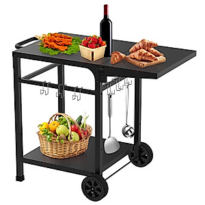 Blomed Dining Cart Table with Double-Shelf, Grill Cart with Wheels, Movable Steel Flattop Worktable, 6 Hooks, Side Handle, BBQ Cart Pizza Oven Stand