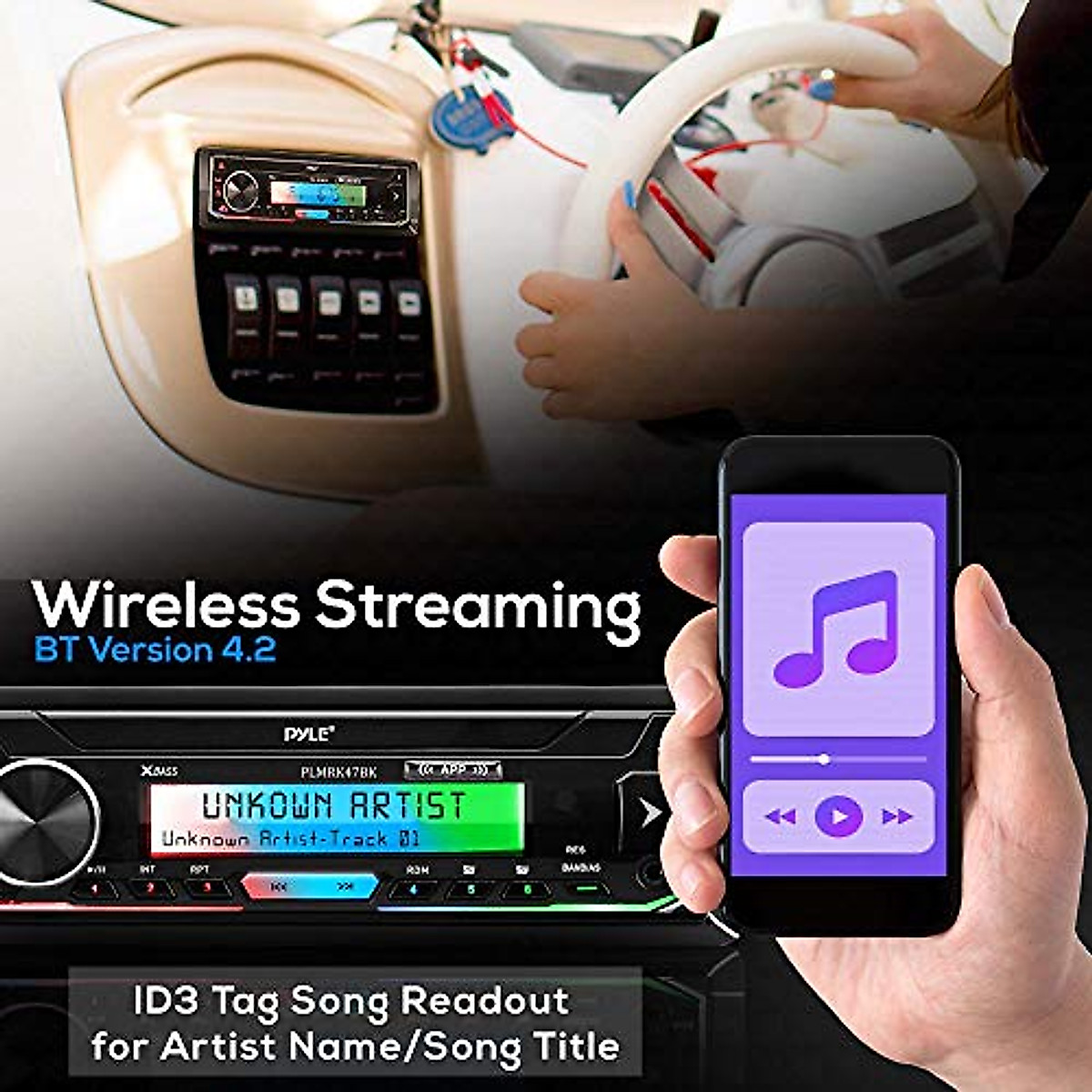 Pyle Bluetooth Marine Receiver Stereo & Speaker Kit 300W Single DIN Boat Marine Head Unit l LCD, Mic, Hands-Free Calling, AUX, MP3/USB/SD, AM/FM Radio, Remote - PLMRK47BK (Black)