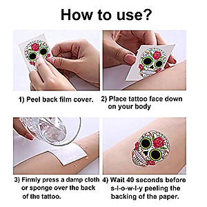 Day of the Dead Sugar Skull Tattoos(100Counts),Konsait Halloween Temporary Face Tattoos Sugar Skull Puppy Black Skeleton Web Red Roses Tattoo for kids Boys Girls Mexican Halloween Party Favor Supplies