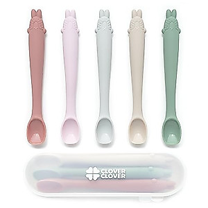 Silicone Baby Feeding Spoons-First Stage, Bendable Utensils for Infant & Parent-Baby Led Weaning, Toddler Self-Feeding & Training-Soft-Tip, Chewproof Teether l 4 Months + [5 Pack with a Portable Case]