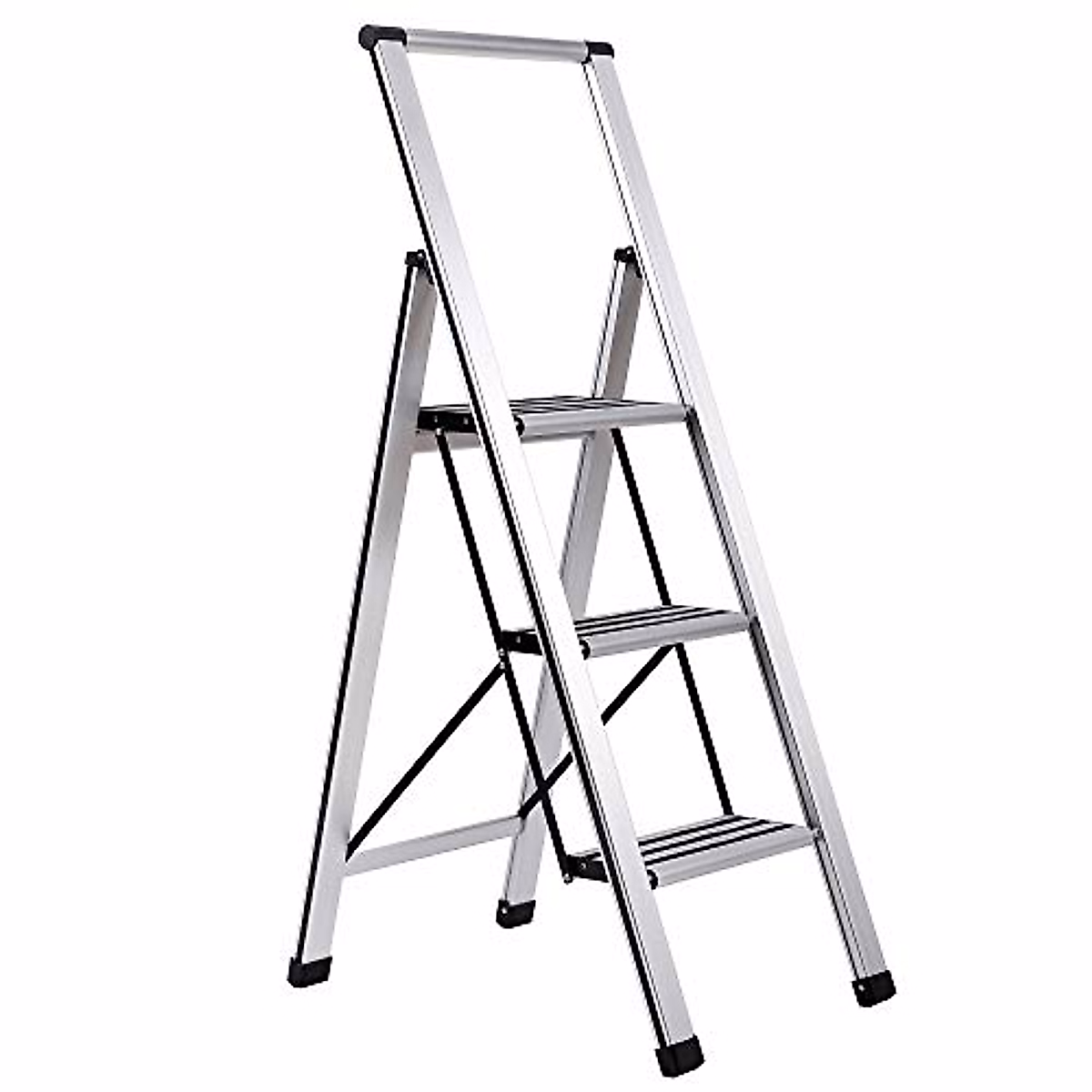 BirdRock Home 3-Step Slim Aluminum Step Ladder - Sturdy Thin Folding Stool - 3 Anti-Slip Steps - Wide Platform - Great for Your Kitchen, Pantry, Closets, or Home Office - Indoor Stool - Silver