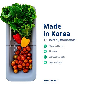 BLUE GINKGO Over the Sink Colander Strainer Basket - Wash Vegetables and Fruits, Drain Cooked Pasta and Dry Dishes - Extendable - New Home Kitchen Essentials (7.9 W x 14.5-19.5 L x 2.75 H) - Gray