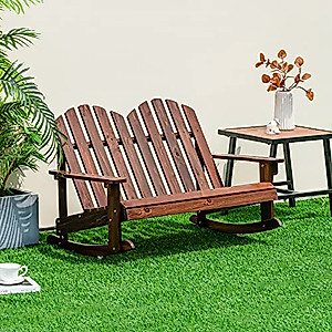 Giantex 2-Person Adirondack Rocking Chair - Kids Outdoor Rocking Bench with Slatted Seat, High Backrest, 220LBS Weight Capacity, Kids Patio Rocker for Balcony, Yard, Poolside (1, Coffee)