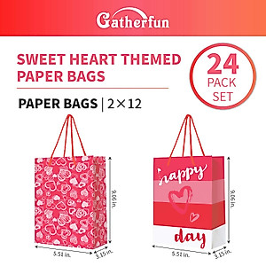 Gatherfun Hot Pink Heart Love Kraft Paper Gift Bags with handles for Valentine's Day, Weddings, Engagements, Anniversaries, Bridal Showers, Birthday Party 2 Designs, 24 Pack, 5.5X3.2X9inch