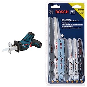BOSCH 12-Volt Max Pocket Reciprocating Saw Kit PS60-102, Blue with Bosch RAP7PK 7-Piece Reciprocating Saw Blade Set
