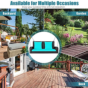 Tangkula 2-Person Wicker Hanging Porch Swing, Patiojoy Outdoor Rattan Swing Bench W/ 2 Back Cushions & 1 Seat Cushion, Sturdy Steel Chain, 800lbs Weight Capacity, Suitable for Deck, Backyard, Garden