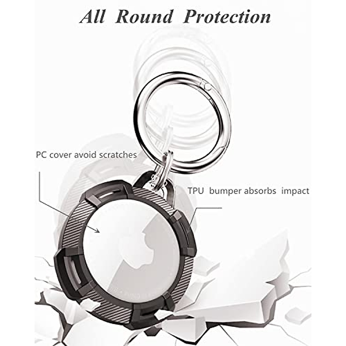 Airtag Holder with Anti-Lost Keychain, 2 Pack Airtag Case for Apple Air Tag with [Anti-Scratch] HD Protective Shell, PC+TPU Full Protective Airtag Accessories for Keys, Backpacks (Black+Blue)