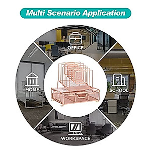 Beiz Rose Gold Desk Organizer and Accessories Storage with 5 Stacking File Folder Sorter, Paper Tray, Drawer, 60 Colorful Clips Set (Included), Desktop Organization for Women Office