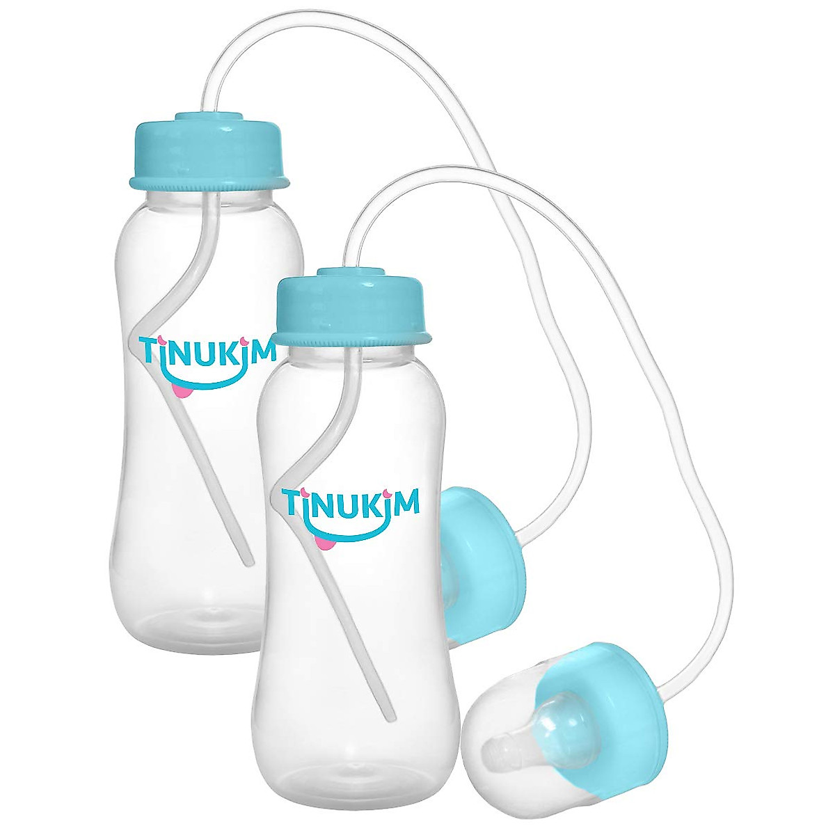 Tinukim iFeed 9 Ounce Self Feeding Baby Bottle with Tube - Handless Anti-Colic Nursing System, Blue - 2-Pack