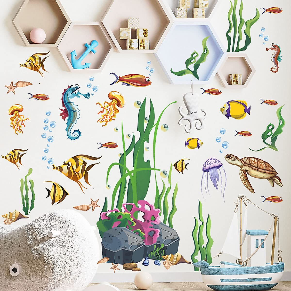 RW-1073 3D Ocean Wall Decals Under The Sea Fish Wall Stickers Ocean Animals Wall Art Decals View Under Sea Removable DIY Stickers for Kids Babys Bedroom Bathroom Living Room Nursery Home Decoration